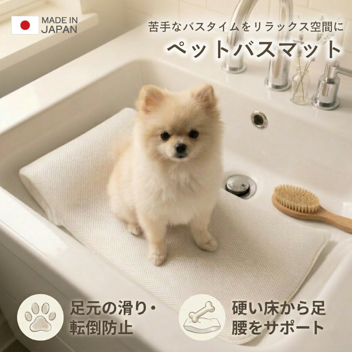 【商品ポイント説明文】 POINT 1. シャンプータイムを安全に！足元の滑り・転倒を強力防止 お風呂場や洗面台（シンク）でのシャンプー時、わんちゃんの足元が滑ってヒヤッとしたことはありませんか？ このマットは、滑りやすいシンクや浴室の床で...
