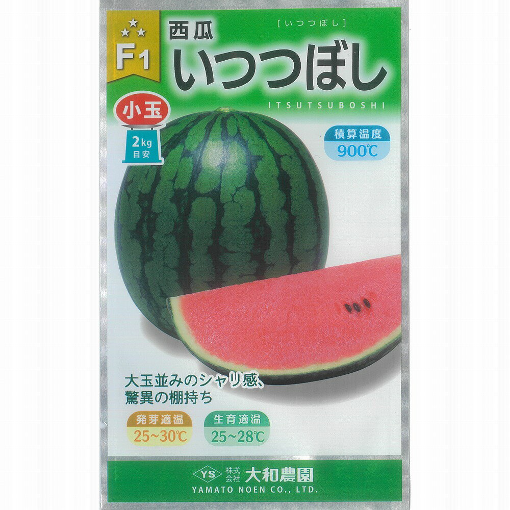 【特徴】●肉質は硬く、シャリ感が強いため、今までの小玉スイカにない食感が味わえる。●草勢は比較的強いが雌花着生が安定するため着果に優れる。●果重は6本5果どり栽培で2〜2,5程度、糖度は13前後。●果形は丸く仕上がり、裂果しにくい。●7〜8...