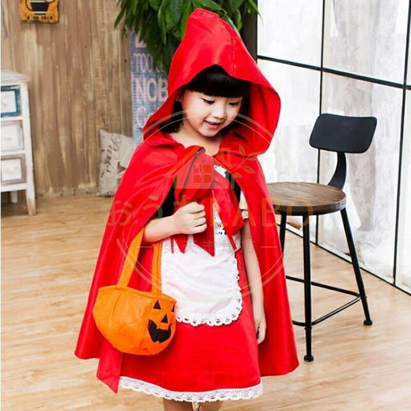 子供用フードつきマント ハロウィン魔女ワンピース 魔女マント 魔女仮装コスチューム 魔女クローク マント＋ワンピース＋エプロン＋バッグの4点セットのハロウィン魔女ワンピースが登場。深みのある赤がとっても素敵なハロウィンマントケープです。物語...