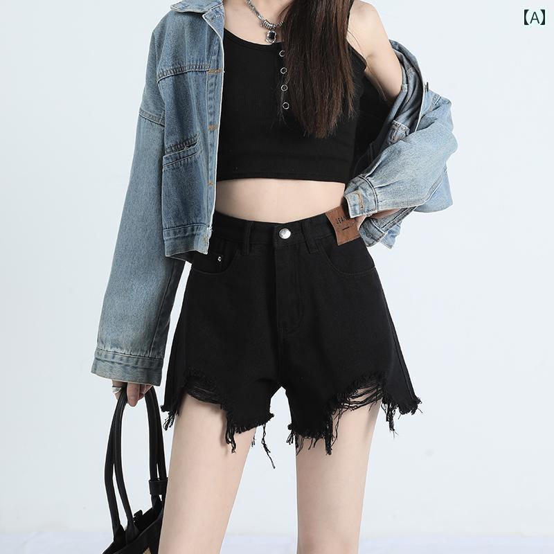 デニム ショートパンツ レディース ダメージ 夏 ヴィンテージ風 ハイウエスト 大きいサイズ 着瘦せ ジッパー ポケット 青 黒 白 カジュアル
