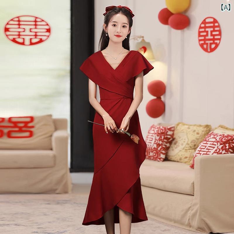 ・スタイル: エレガント・ネックライン: ディープVネック・袖丈: 半袖・丈: ミディ丈・ウエストタイプ: ミドルウエスト・流行要素: ジッパー・中綿: 綿71～80%・対象年齢: 18～25歳・シーン: 結婚式、成人式、パーティー、宴会、...