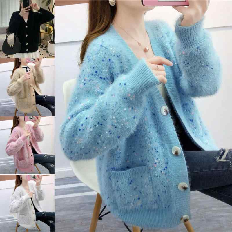 ・カテゴリ: セーター・スタイル: カーディガン、日韓カジュアル、エレガント・主な素材: フェイクミンクファー（ポリエステル30～50%）・柄: 無地・厚さ: 普通・フィット: レギュラー・着丈: 普通丈・ネックライン: Vネック・袖丈: ...