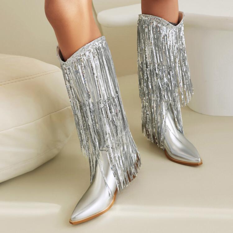 ・カテゴリ: ファッションブーツ・対象: レディース・アッパー素材: 人工PU・ソール素材: ラバー・スタイル: 欧米風・トゥ形状: ポインテッドトゥ・ヒール形状: チャンキーヒール・ヒールの高さ: 約6-8cm・要素: スパンコール、ステ...