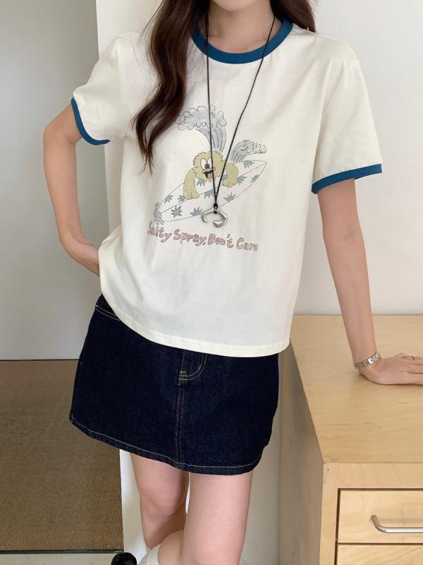 ・カテゴリ: Tシャツ・スタイル: 韓系カジュアル・主な素材: 綿95%以上・柄: アニメカートゥーン・ネックライン: クルーネック・袖丈: 半袖・袖型: 通常袖・着丈: 普通・版型: 通常・技法: 拼接・流行要素: 撞色・カラー展開: 白...