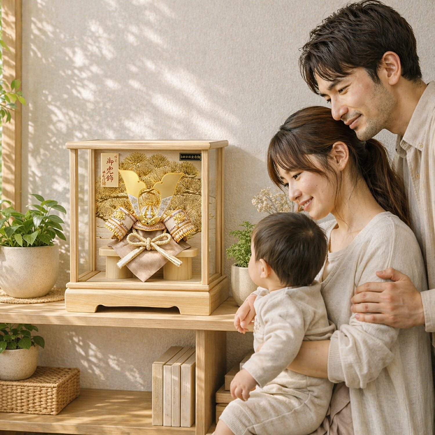 五月人形が、ネット限定のご奉仕価格！ 雅秀作の五月人形「大鍬兜」ケース飾りです。 人気のくすみカラーの木目ケース枠で、全体的に優しい印象で仕上げました。背景には縁起の良い松の金彩加工を施しました。間口29cmとコンパクトで飾る場所を選びませ...
