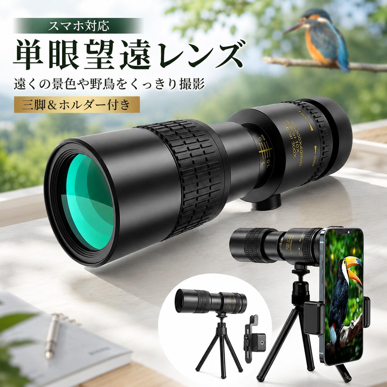 商品の特徴 【高倍率ズームでクリアな視界！10-300x40の単眼鏡】 ◎【10〜300倍ズーム対応・40mm大口径レンズ】10倍から最大300倍まで倍率を調整できる高倍率単眼鏡です。40mmの大口径レンズを採用し、遠くの景色や対象物も広い...