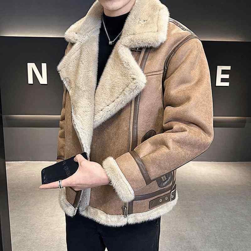 ジャケット 男性用 シープボア 裏起毛 厚手 カジュアル PUレザー 秋冬 襟付き ゆったり 浅い茶色 M L XL 2L 3L 4L・スタイル: 韓国・対象: 24-35歳・着丈: 普通(50-65cm)・シルエット: ゆったり・襟の形:...