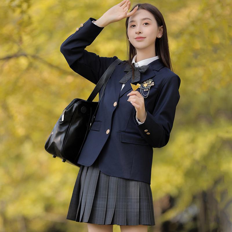制服 レディース JK制服 ブレザー スーツ セットアップ 学院風 セーラー服 コスチューム 長袖シャツ プリーツスカート チェック柄 格子柄 紺 黒 グレー ベージュ 制服リボン 蝶ネクタイ バッジ付き ポリエステル 伸縮性・対象: 女子...