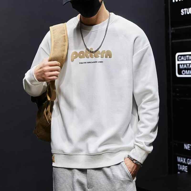 トレーナー メンズ ラウンドネック プルオーバー トップス グレー ゆったり 長袖 Tシャツ カットソー 綿混紡 カジュアル スタイル 春秋
