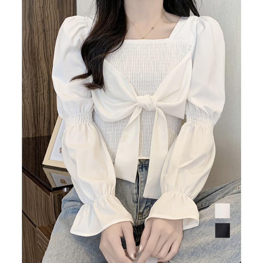素材：ポリエステル100%カラー：ホワイト/ブラックサイズ：ワンサイズ着丈:約42cm 肩幅:約34cm 袖丈:約61cm ゆき:約78cm 身幅:約30cm 胸囲:約60-72cm裏地：なし伸縮性：シャーリング部分のみあり透け感：ホワイト...