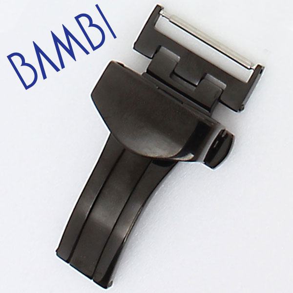 バンビ[BAMBI]LB用プッシュ式三つ折タイプのバックル。バックルの上箱部は美錠の形状のデザインを採用しており、高級感ある上質なバックルとなっております。型番 ZB0007S 商品情報ベルト幅:20mm対応三つ折れプッシュ式厚み対応:3m...