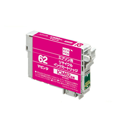 ●ICM62互換リサイクルインクカートリッジ。●種類／リサイクルインク●色／顔料マゼンタ●対象カートリッジ／ICM62●対応機種／PX-203、PX-204、PX-205、PX-403A、PX-404A、PX-434A、PX-503A、PX...