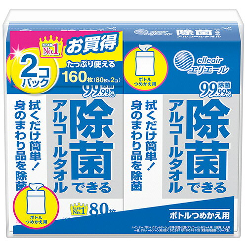 ●除菌できるアルコールタオル。つめかえ用80枚入×2個。●高濃度のアルコールを配合したシートで、拭くだけで簡単に菌を除去します。●アロエエキス配合。●手指のふきとりに、キッチンまわりの除菌に、テーブルの除菌に。●タイプ／詰替●シートサイズ／...