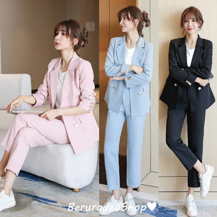 商品情報 素材 ポリエステル94％、その他 伸縮性 なし 仕様内容 ジャケット＋パンツ カラー ピンク、ブラック、ブルー、グレー、ベージュ サイズ ジャケット： S　着丈69.5　バスト86　ウエスト72　袖丈56.5　肩幅37 M　着丈7...