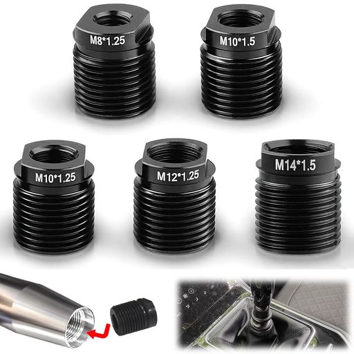セット内容:シフトノブアダプター5個セット(M8x1.25/M10x1.25/M10x1.5/M12x1.25/M14x1.5);アルミニウム合金製で、耐腐食性と耐摩耗性に優れ、長く信頼性の高い耐用年数を保証します。5サイズ展開:内部ピッチ...