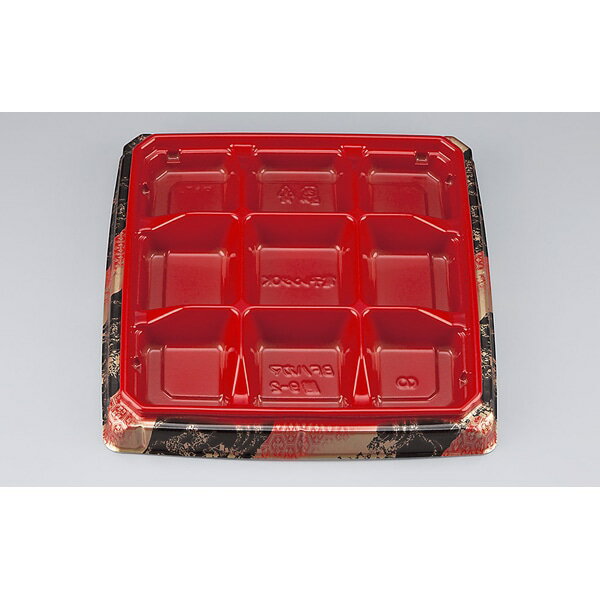 【ケース販売】高級感のある弁当容器　BFハカマ膳9－2玄海本体（N）（1ケース/400枚入）4935168312671 高級感のある弁当容器です。 【商品説明】 【規格内容】幅202×奥行202×高さ26mm【材質】BF【色】赤黒金／黒【柄...