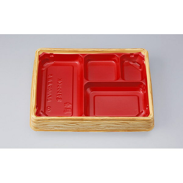 【ケース販売】弁当容器　BFハカマ集膳6－1杉板赤本体（N）（1ケース/600枚入） 4935168314668 重厚感のあるハカマ型弁当容器です。 【商品説明】 【規格内容】幅217×奥行182×高さ33mm【材質】BF【色】赤茶／白【柄...