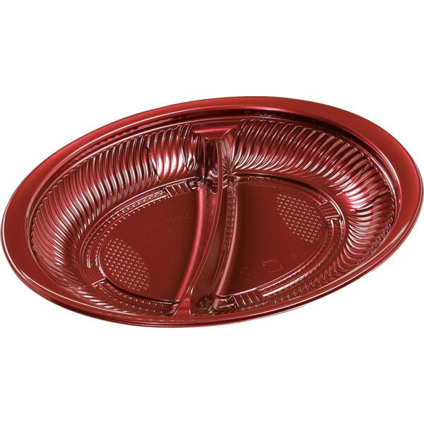 【バラ販売】洋食容器　MSD－ランチ70－1　本体　Mエンジ（1袋/50枚入）4549379686430 楕円型軽食容器です。ランチにピッタリ。 【商品説明】 【規格内容】幅243×奥行181×高さ31mm【材質】マルチSD【色】赤【柄】柄...