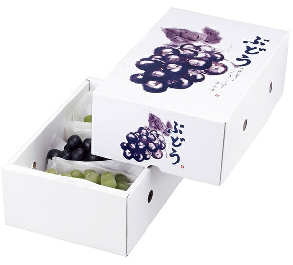 【ケース販売】ぶどう箱　L－2162　もぎたてのぶどう2kg（1ケース/50セット入）4960457009451 ぶどうが3房入るギフト箱です。フタ・身、両側に穴があいています。 【商品説明】 【規格内容】幅205×奥行300×高さ110m...