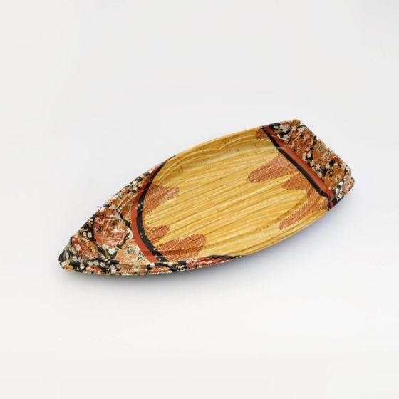 大漁舟-100 本体 花春秋◇舟型の刺身盛り合わせ容器です。●本体：レンジ不可●素材：HIPS●耐熱温度：80℃　　　　　●サイズ：454×222×63mm ●入数：10枚