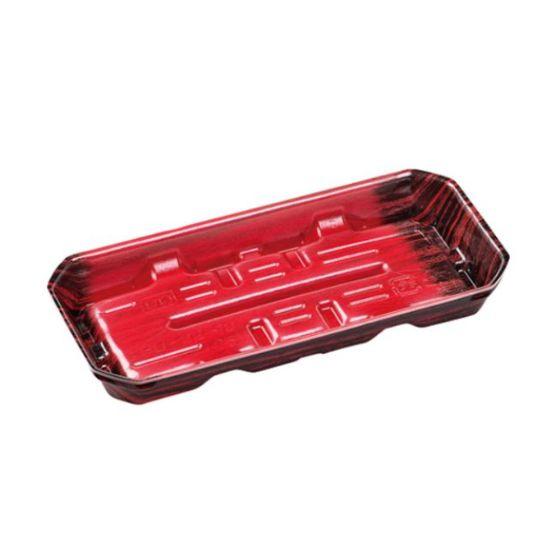 FU-22-10（25） 春慶赤◇食材がラップにあたりにくい深型タイプです。◇ラップ包装時の見映えが益々良くなりました。●本体：レンジ不可●材質：PSP●耐熱温度：80℃●サイズ：220×100×25mm●入数：50枚