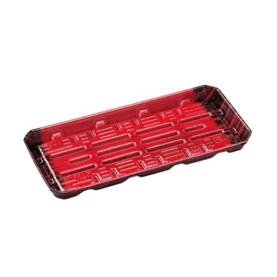 FU-33-15（25） 春慶赤◇食材がラップにあたりにくい深型タイプです。◇ラップ包装時の見映えが益々良くなりました。●本体：レンジ不可●材質：PSP●耐熱温度：80℃●サイズ：330×150×25mm●入数：50枚