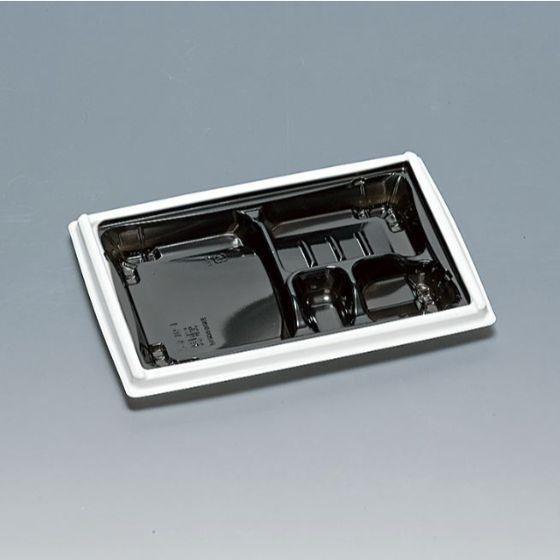 箱膳23-16-1H　白内黒◇豊富なデザインで、和洋中の「多彩」なメニュー作りをお手伝いします！◇本体の底部分を盛り上げ、ボリュームアップを実現！◇サイズと仕切も豊富で各種お弁当に対応！●本体：レンジ対応●素材：PPF●耐熱温度：130℃　...