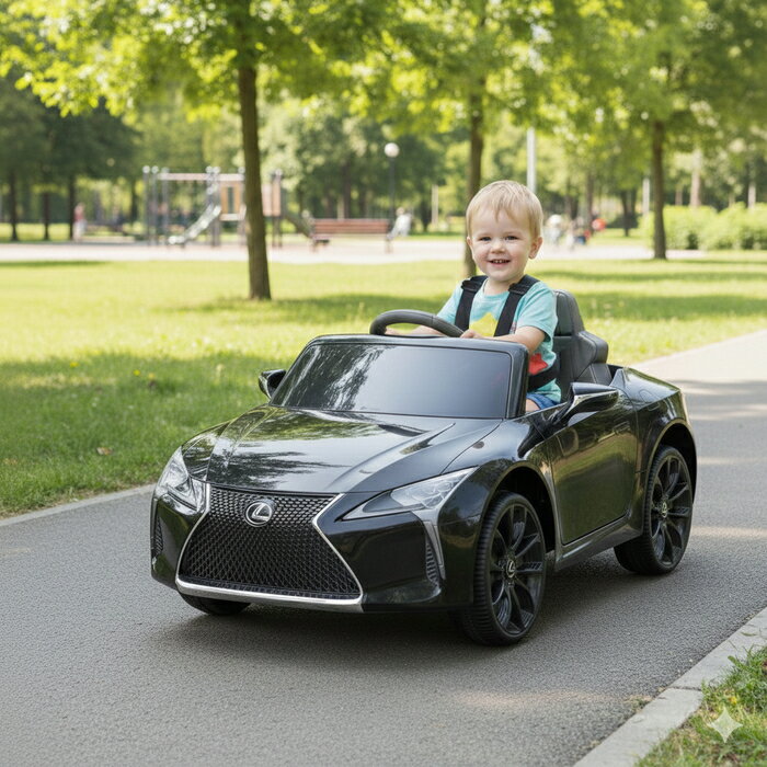 スポーティなレクサスLC500ブラック リモコン付き電動乗用玩具 電波法国内認証済 電源オンでヘッドライト・ACCランプ・テールライトが光ります。 特別に仕立てたUSB対応マルチサウンド機能搭載。ハンドルにサウンド機能搭載 セミ・ガルウイン...