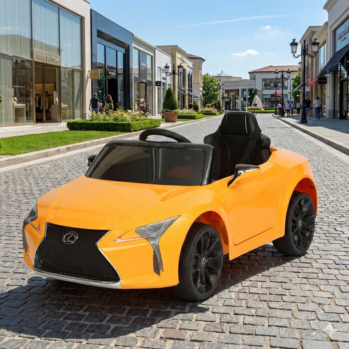 スポーティなレクサスLC500オレンジ リモコン付き電動乗用玩具 電波法国内認証済 電源オンでヘッドライト・ACCランプ・テールライトが光ります。 特別に仕立てたUSB対応マルチサウンド機能搭載。ハンドルにサウンド機能搭載 セミ・ガルウイン...