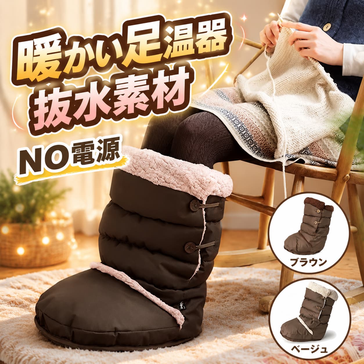 商品情報商品説明【商品仕様】サイズ:幅27×奥行36×高さ46cm重量:0.72kg材質:本体側地/ポリエステル(底面)、中わた/ポリエステルカラー：ベージュ、ブラウン【膝まで暖かくなる暖かいシープボア 】足入れ部分はふかふかの シープ ボ...