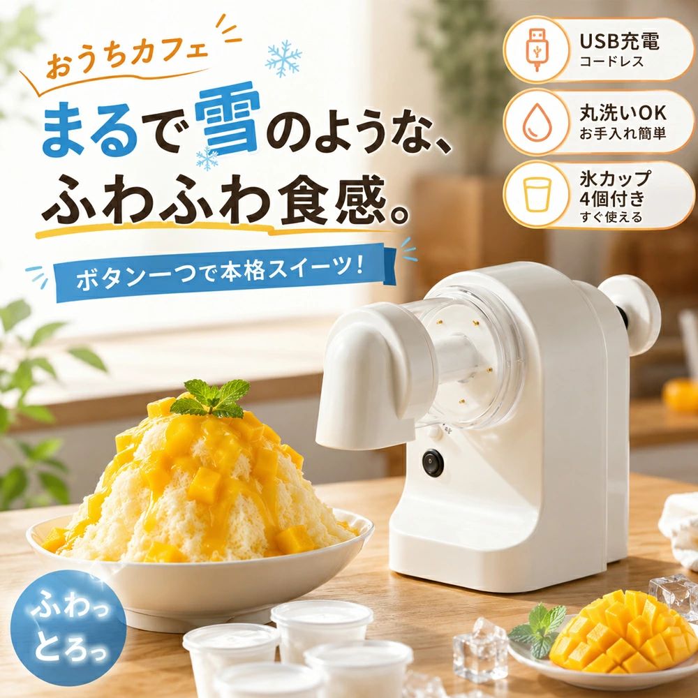 商品情報製品名製品名 電動かき氷機定格消費電力 20W本体重量 約0.67kg （軽量コンパクト設計）サイズ 約 130mm × 115mm × 180mm付属品 専用製氷ボウル×4個Point.1氷をしっかり固定！もう空回りしない6本の頑...