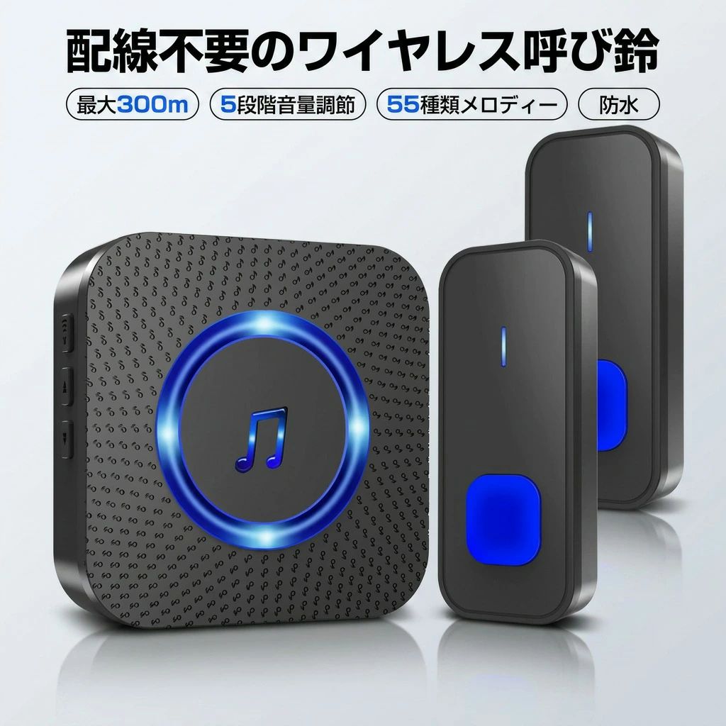 【商品詳細】タイプ：送信機*1受信機*1 カラー：ブラック使用温度：-30度C〜+70度C 音量：呼び出し音55種類 5段階音量調節受信機電圧：110-220V送信機電池：12V23A（電池付き、長い使用寿命6ヶ月以上）【商品機能】【使用簡...