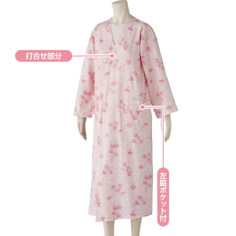 ●適応サイズ目安／対応バスト：79〜87cm、対応ウエスト：64〜70cm、対応ヒップ：87〜95cm●素材／綿100％、スムース●生産国／日本●洗濯機可●内紐・外紐付き●左脇ポケット付き●通年用●婦人用 ・脱ぎ着しやすいネグリジェ。・胸元...