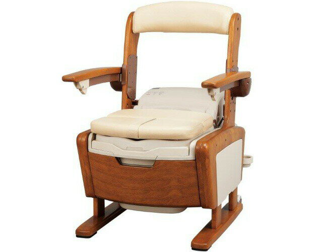 ●サイズ／幅57×奥行71×高さ83〜95cm、座面：幅35.5×奥行39cm、穴部：幅19×奥行30cm、便座高：38〜50cm（5段階／3cm）、ひじ掛け高：18〜24cm（3段階／3cm）、ひじ掛け内寸：44cm●重さ／29.2kg●...