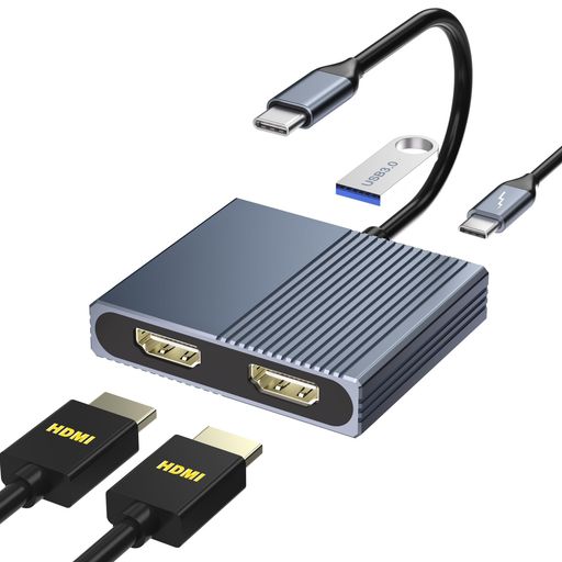 【USB-CデュアルHDMI変換アダプタ】4-IN-1 USB C - デュアル HDMI アダプターは、デュアル HDMI ポート、USB 3.0 ポート、100W PD ポートを備えています。スマートフォンや USB メモリから PC ...