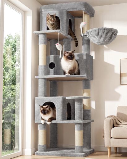 スクラッチ 【多頭飼い家庭に優しい】F66キャットタワーは、多頭飼い家庭にとても親切で、広々とした最上段のプラットフォーム、3つの猫ハウス、そしてハンギングバスケットと猫ジャンブプラットフォームを備えており、それぞれの猫が遊んだりくつろいだ...