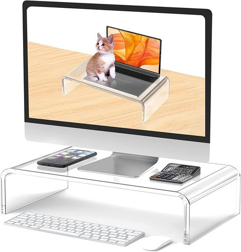 【高品質透明アクリル製のモダンデザイン】:この透明モニタースタンドは高品質アクリル素材を使用したスタイリッシュなデザイン。透明素材ならではの開放感があり、狭いスペースでも圧迫感を感じさせません。透明な素材がPCやデスク周りの雰囲気を損なわず...