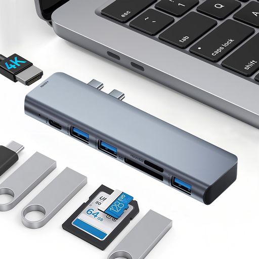 接続性の拡張: MacBookの限られたUSB-Cポートを、多機能USB-Cポートx1、USB-Cデータポートx1、USB-Aポートx2、HDMIポートx1、SD/microSDカードスロット各1に変換。コンパクト設計で本格的なワークステー...