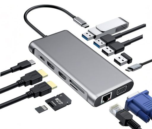 12種類のマルチポート - デュアルHDMI (4K@60Hz), VGA, 有線LAN, USB-Cデータポート, USB 3.0x2, USB 2.0x2, SD/TFカードスロット, 100W PD充電, LEDインジケーター デュア...