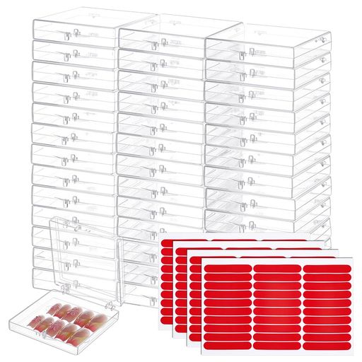 サイズ: 正方形 プラスチック 収納 ボックス 約7.75x6.9x1.75cm 40個 付属 ダブルサイド接着剤テープ 180x130x0.8mm 4枚 含むです。 プレスオンネイル収納ボックス: ネイルビジネス 個人使用 最適 付け爪 ...