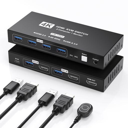 【重要な接続説明】本製品をご利用いただくには、各PCをHDMIケーブル1本とUSB 3.0ケーブル1本の計2本で接続する必要があります(USBはデバイス信号入力用)。4K@60Hz出力を実現するためには、お使いのPC、モニター、及びHDMI...
