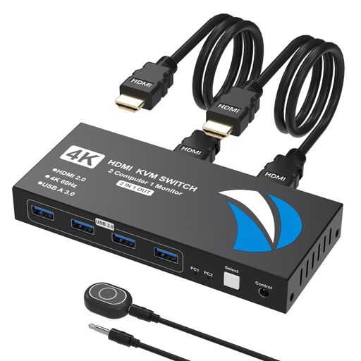 【HDMI KVMスイッチ PC2台用】2入力1出力HDMI KVMスイッチは、2台のPC間で1台のHDMIディスプレイとUSB機器(キーボード、マウス、プリンター、USBストレージ等)を共有できる便利なデバイスです。最大4K@60Hzの高...