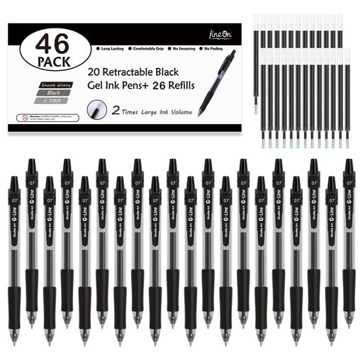 【46パックセット】0.7mmブラックのみ、20ゲルペンと26替え芯が入り、合計で46パックになります。事務仕事や自宅での買い置き、友達とのシェア、インクがなくなったらすぐ替え芯で替えられる便利なセットです。 【便利さ】1本のインクの容量は...