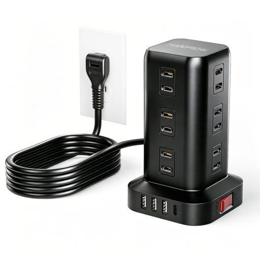 【一台16役の電源タップ】本製品はACコンセント12口+USBポート3口+TYPE-Cポート1口を一体化したタワー型電源タップです。スマートフォン、タブレット、ノートパソコンなど最大16台の機器を同時に充電可能。最大1500Wの消費電力に対...