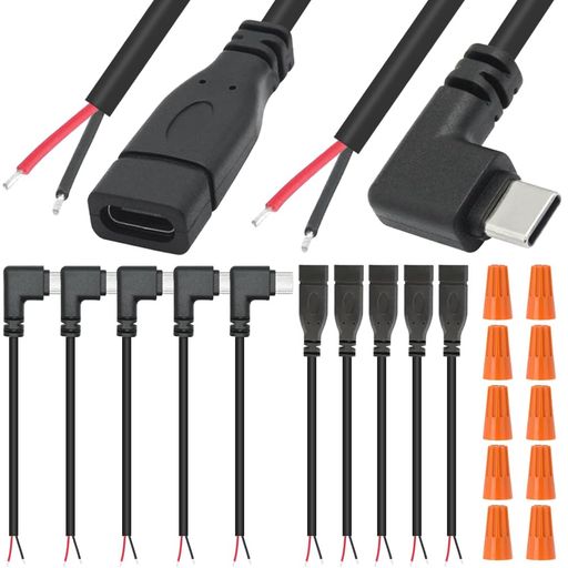 USB C 2Pin裸線: 90度タイプCオスプラグピグテールケーブルとタイプCメスプラグピグテールケーブル、片端タイプCソケットと片端2ピンオープンエンドケーブル付き、USBタイプC 5V/3Aに使用できます。 低消費電力の機器の DIY...