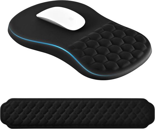 【人間工学に基づいたマッサージデザイン】: 人間工学に基づいた8つのスロープデザイン。マウスパッド使用時、中央の盛り上がったデザインは手首を効果的にサポートし、疲れを和らげます。ハニカムデザインは、手首とマウスパッドの間の空気循環を高め、発...