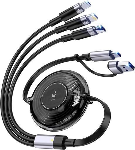 【6in1マルチ充電ケーブル ‐ 1本で全デバイスに対応!】 ケーブルのごちゃごちゃからさようなら!このお得な6-in-1充電ケーブル1本で、あらゆる充電ニーズを解決します。C to C(100W)、C to Lightning(27W)、...