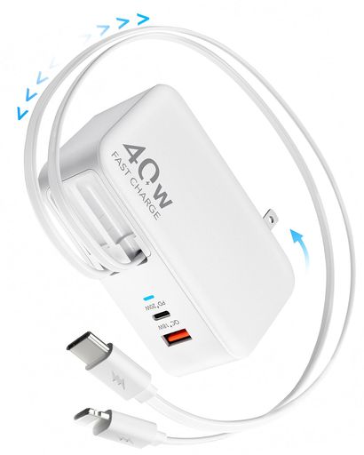 【40W急速充電、4台のデバイスに同時充電可能】この巻き取り式壁掛け充電器は、USBデュアルポート(2ポート)と巻き取り式ライトニングケーブル、type-c収納式充電ケーブルを備えており、同時に4台のデバイスを充電することができます。i-p...
