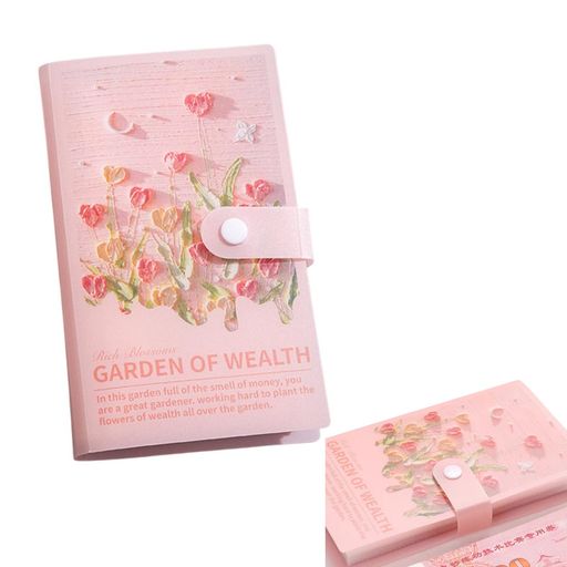 【明確な仕様|A6 サイズのお札 貯金箱で 100 枚収納可能】本製品は A6 サイズ(18x11cm)の貯金手帳スタイルお札 貯金箱で、ピンク花束の 3D 立体油画プリントが特徴です。50 枚の内頁を搭載した貯金ノート仕様で、両面使用で計...