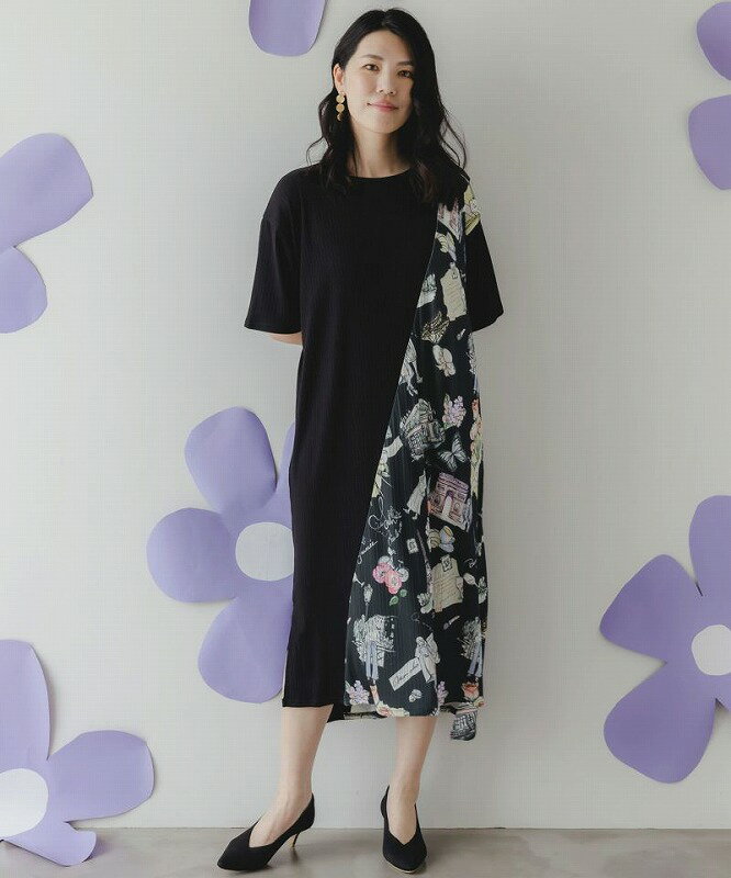 やわらかく、ほどよい伸縮性のあるリブ素材を使用した柄切り替えのワンピース。 エッフェル塔などパリをイメージした総柄をナナメに切り替え、 シンプルでリラックス感がありつつも大人っぽく上品に着られるデザインに仕上げました。 ストレッチ性のある生...